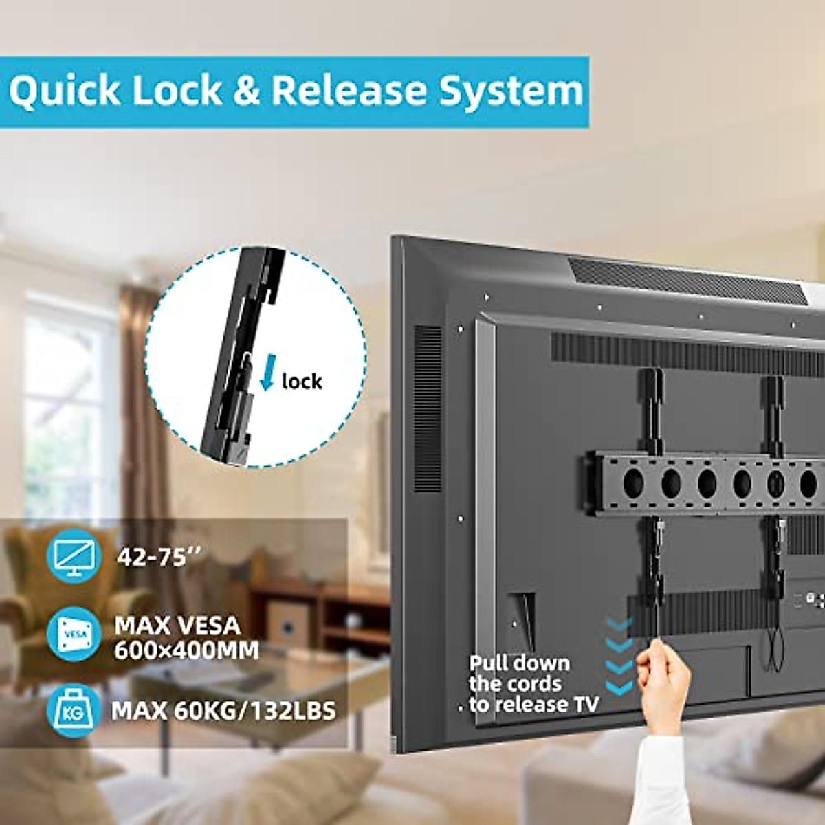 Height Adjustable TV Wall Mount, Bracket for Most 42-75 inch LED, LCD Monitor and Plasma TVs, Holds up to 132lbs, Max VESA 600x400mm by XINLEI (MFA6)