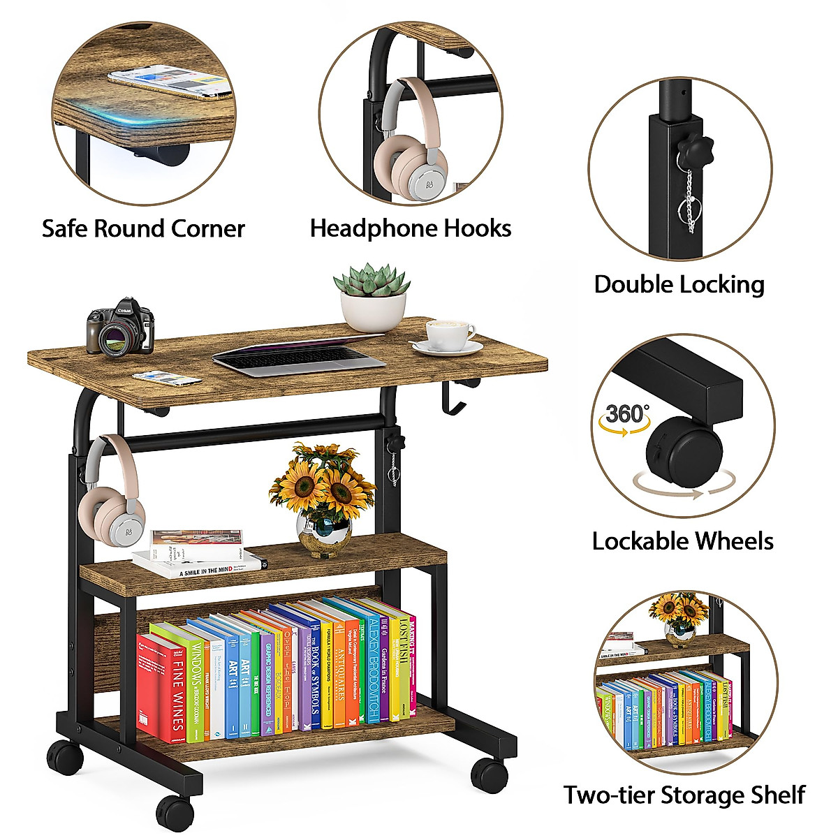 Autex Portable Desk with Storage Shelves, Height Adjustable Desk with Wheels, Small Rolling Desk with Hooks, Standing Desk on Wheels for Home Office, Mobile Computer Table for Small Space
