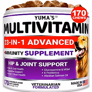 Dog Multivitamin Chewable with Glucosamine - Dog Vitamins and Supplements - 170 Treats - Senior & Puppy Multivitamin for Dogs - Hip & Joint Support - Immune Health, Skin, Heart, Digestion, Probiotics