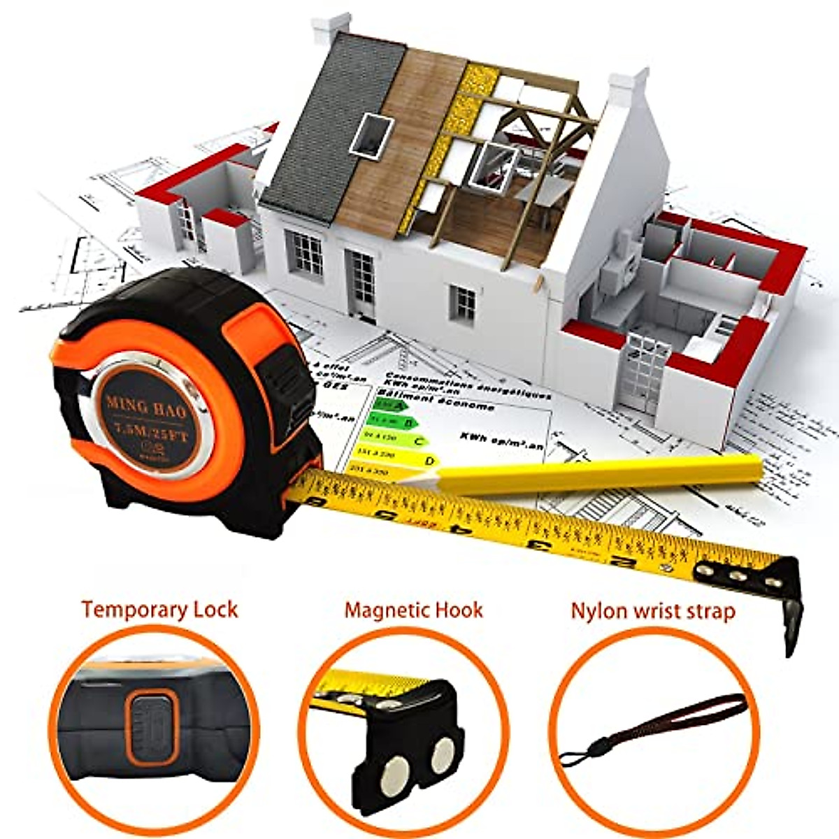 Tape Measure 25 Ft, Easy Read Fractions, Magnetic Hook, Bottom Temporary Finger Lock, Shock Absorbent Rubber Case