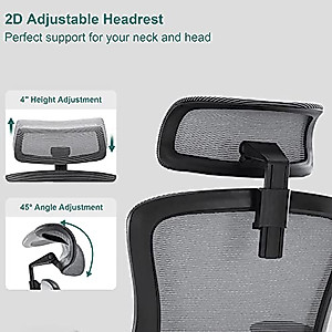 Ergonomic Mesh Office Chair, Home Office Desk Chairs with Adjustable Backrest, High Back Computer Desk Chair with Adjustable Headrest and Flip-Up Arms, Swivel Task Chair (Grey)