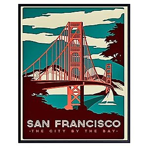 San Francisco Golden Gate Bridge Vintage Art Print Wall Poster -Chic Home Decor for Living Room, Bedroom, Family Room, Office - Gift for California CA Travel Fans- 8x10 Photo Unframed