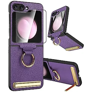 ATATOO for Samsung Galaxy Z Flip 5 Case with Ring & Kickstand & Built-in Screen Protector, Ultra-Thin Case Support Wireless Charging Durable Shockproof Anti-Slip Phone Case for Galaxy Z Flip 5, Purple