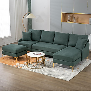 Haplized Modern U-Shape Sectional Sofa, 110'' Reversible Left or Right Chaise of Sectional Couch, 4-Seat Couch with Chaise and Ottoman, Comfortable Sectional Couches for Living Room Apartment, Green