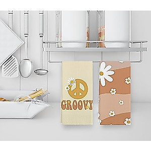 Groovy Retro 70s Hippie Boho Daisy Floral Peace Sign Kitchen Towels Set of 2,Cotton Modern 24 X 16 Inches Dish Towels Dishcloths,Dish Cloth Flour Sack Hand Towel for Farmhouse Kitchen Decor
