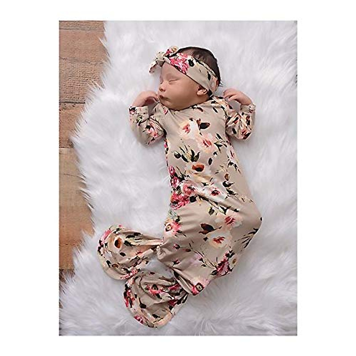 Mubineo Infant Newborn Baby Floral Sleeping Bag Swaddle Blanket with Headband Outfits (Grey, 0-6 Months)