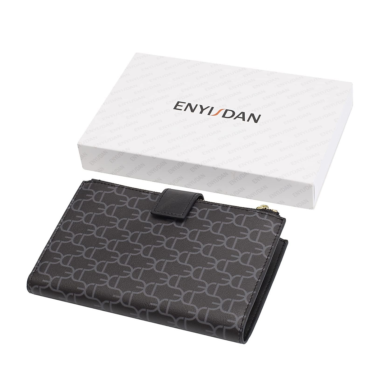 ENYISDAN Women Wristlet Clutch Wallet Long RFID Blocking Leather Wallet Multi Card Zipper Wallet with Credit Card Case Zipper Pocket Holder (black background/gray and white letters)