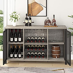 IBF Rustic Liquor Bar Cabinet, Industrial Coffee Wine Cabinet for Liquor and Glasses, Farmhouse Bar for Home Kitchen Living Dining, Sideboard Buffet Cabinet with Bar Rack Storage, Light Gray Oak 55 In