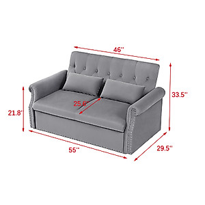 Velvet Pull Out Sleeper Sofa Bed, Convertible Futon Couch Bed with Adjustable Backrests, 3 in 1 Modern Tufted Loveseat with Retro Rivet, Small Love Seat for Living Room, Guest Room, Gray