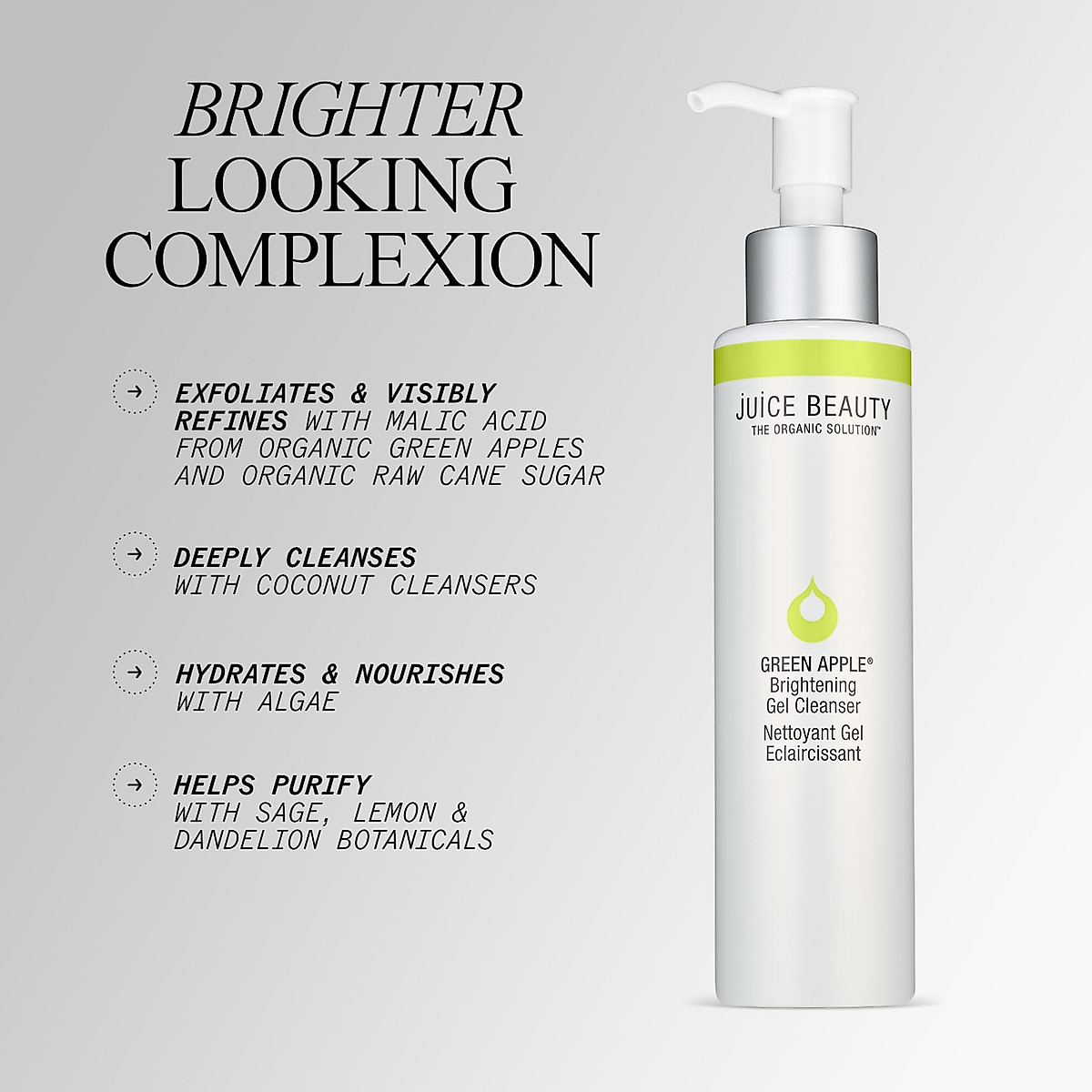 Juice Beauty Green Apple Brightening Gel Cleanser - 133 mL - Exfoliates + Visibly Refines Skin - Vegan, Cruelty Free