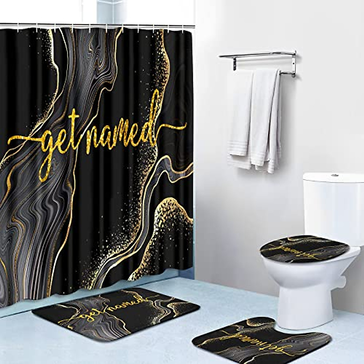 Acxzorpv 4 Pcs Get Named Black Marble Shower Curtain and Rugs Set Bathroom Sets with Bath Mat Waterproof Bathroom Curtain with 12 Hooks (Black)
