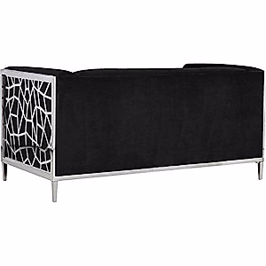 Meridian Furniture Opal Collection Modern | Contemporary Velvet Upholstered Loveseat with Intricate Chrome Stainless Steel Design, Black, 64.5" W x 33.5" D x 30.5" H
