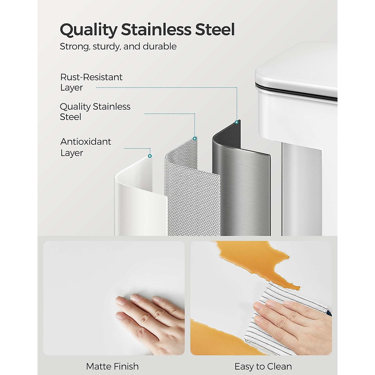 SONGMICS Kitchen Trash Can, 10.5 Gallon (40 L) Garbage Can, Large Step Trash Bin with Lid, Stainless Steel, Soft Close, 15 Trash Bags Included, White ULTB540W40