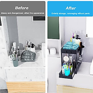 Bugdaben Under Sink Organizer - 2 Tier Sliding Under Cabinet Organizer with Dividers, Hooks and Hanging Cup, Multi-purpose Under Sink Organizers and Storage for Bathroom & Kitchen, 2 Pack