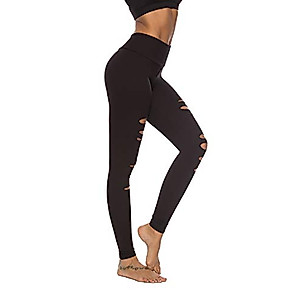 DIBAOLONG Womens High Waist Yoga Pants Cutout Ripped Tummy Control Workout Running Yoga Skinny Leggings Black L