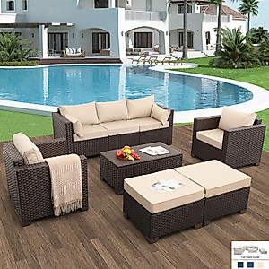 Rattan Star 6 Pieces Patio Outdoor Furniture Outdoor Conversation Sets Wicker Sofa Set with Outdoor Couch Patio Chairs Storage Coffee Table Khaki Cushions Waterproof Covers