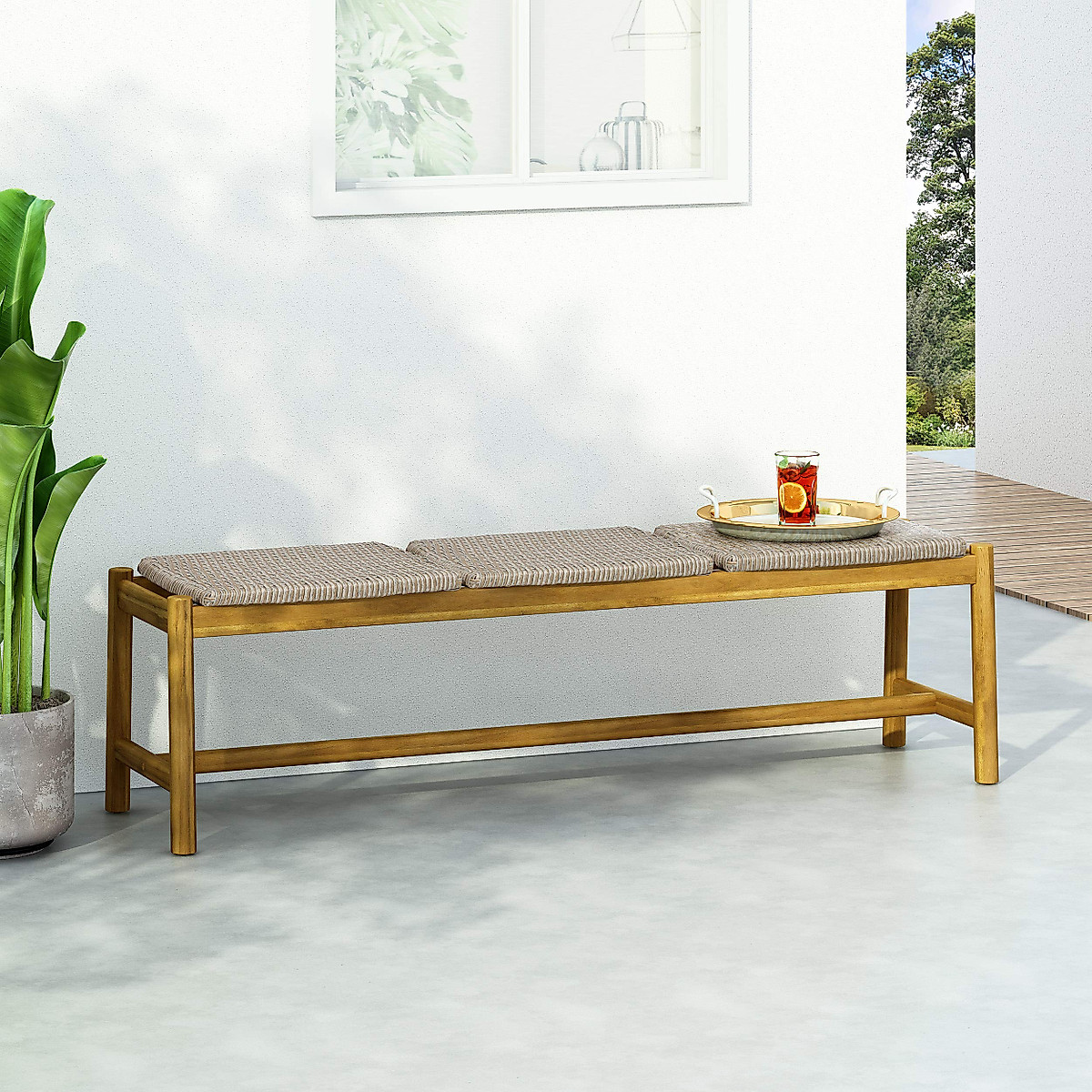 Christopher Knight Home Phoebe Outdoor 3 Seater Wicker Bench, Teak Finish, Light Gray