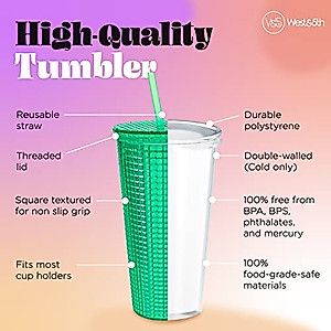 WEST & FIFTH Grid Plastic Cold-Cup Tumbler with Straw, Iridescent Semi-Transparent Square-Textured Cup, BPA-Free Double-Wall Cup for Iced Coffee, Cold Drinks, or Water, 24oz., Mint