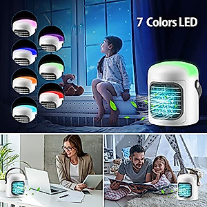 Portable Air Conditioner 4 in 1 Personal Air Cooler Fan with 4 Ice Tray USB Rechargeable Mini Quiet Evaporative Humidifier with 7 LED Light Battery Operated 3 Wind Speed Desktop Cooler for Home/Office