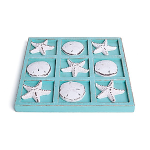 NIKKY HOME Beach Tic Tac Toe for Fun Starfish Sand Dollar Coastal House Coffee Table Decor Wood Board Travel Game, 8.98 x 8.98 x 1.18 inch, Teal