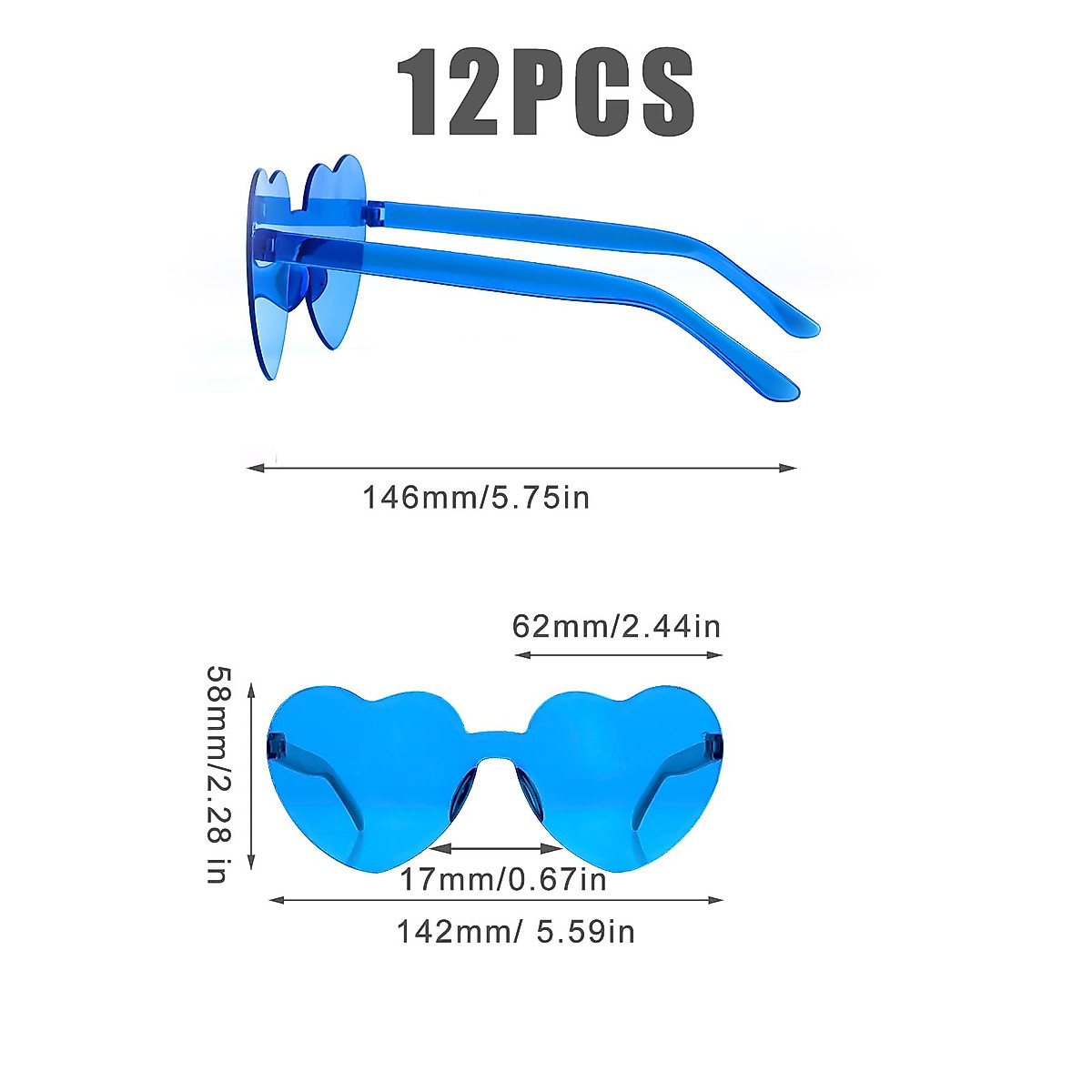 KINBOM 12pcs Heart Shaped Rimless Sunglasses, Love Heart Transparent Tinted Sunglasses Frameless Candy Color Eyewear for Women Party Cosplay (Blue)