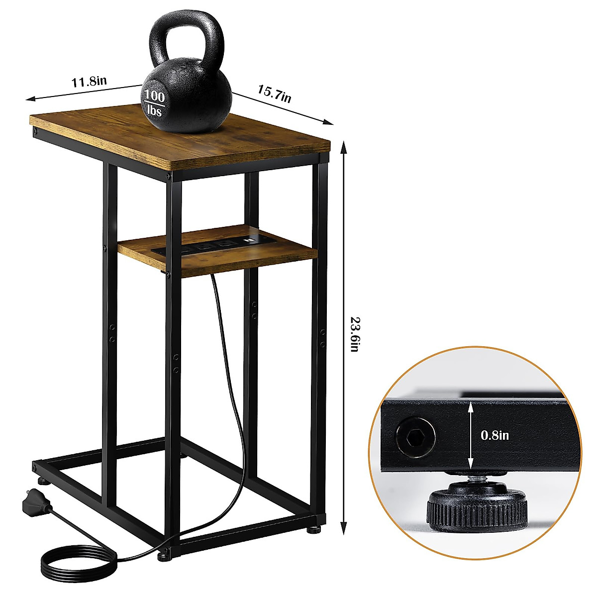 Fixwal Side Table, C Table End Table for Couch, Living Room Side Table with Charging Station, Bedroom Side Table, Living Room Coffee Table, Sofa Table