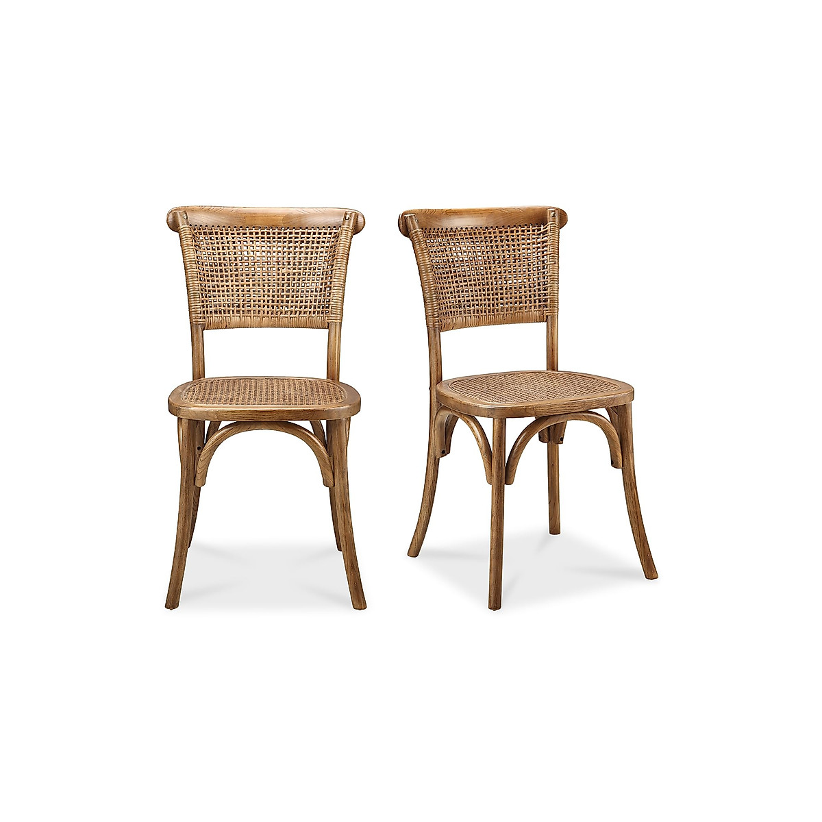 NADAAL STUDIOS Winston Dining Chair, Solid Elm with Rattan Cushioning, Light Brown- Set of Two
