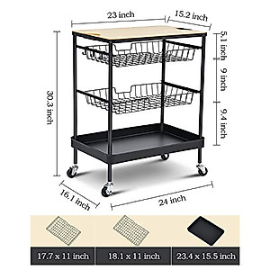 TOOLF Kitchen Island Serving Cart with Utility Wood Tabletop, 4-Tier Rolling Storage Cart with 2 Basket Drawers, Universal Lockable Casters for Home, Dining Room, Office, Restaurant, Hotel