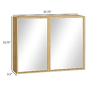 kleankin Bamboo Bathroom Medicine Cabinet, Wall Mounted Storage with Mirrors, Shelves, Natural