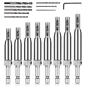 COMOWARE 17pcs VIX Bits Self Centering Drill Bit Set, 1/4" Hex Shank Self Centering Hinge Drill Bit Set for Woodworking Window Door Hinge, Quick Change with 1 Hex Key & 8 Drill Bits 5/64-1/4”