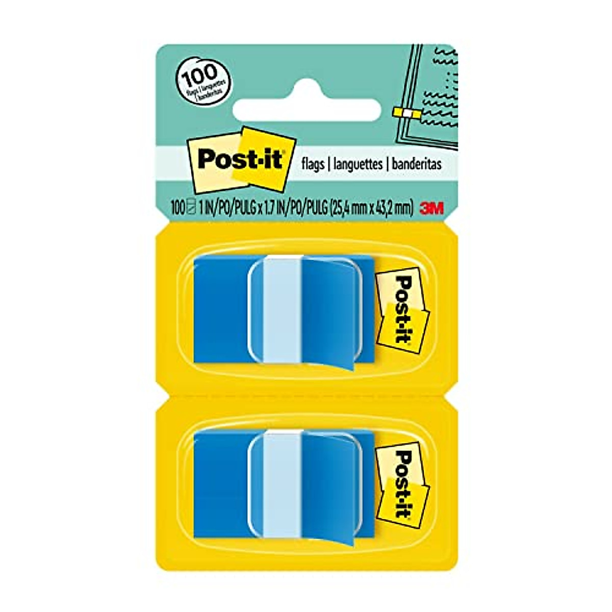 Post-it Flags, 50/Dispenser, 2 Dispensers/Pack, 1 in Wide, Bright Blue (680-BB2)
