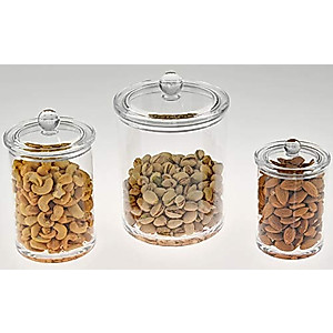 HOME-X Set of 3 Apothecary Jars, Cotton Ball & Swabs Holder, Bathroom Storage, Crystal Clear Acrylic Container with Lid-24 oz.-12 oz.-5 oz