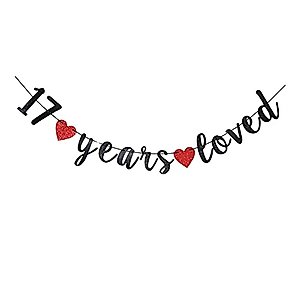 Black 17 Years Loved Paper Banner Sign for Boy / Girl's 17th Birthday Party Supplies, 17th Wedding Anniversary Party Decorations