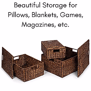 BIRDROCK HOME Seagrass Floor Baskets with Lids - Set of 3 - Brown Wash - Hand Woven Container for Blankets Pillows - Sturdy Metal Frame - Organization - Storage