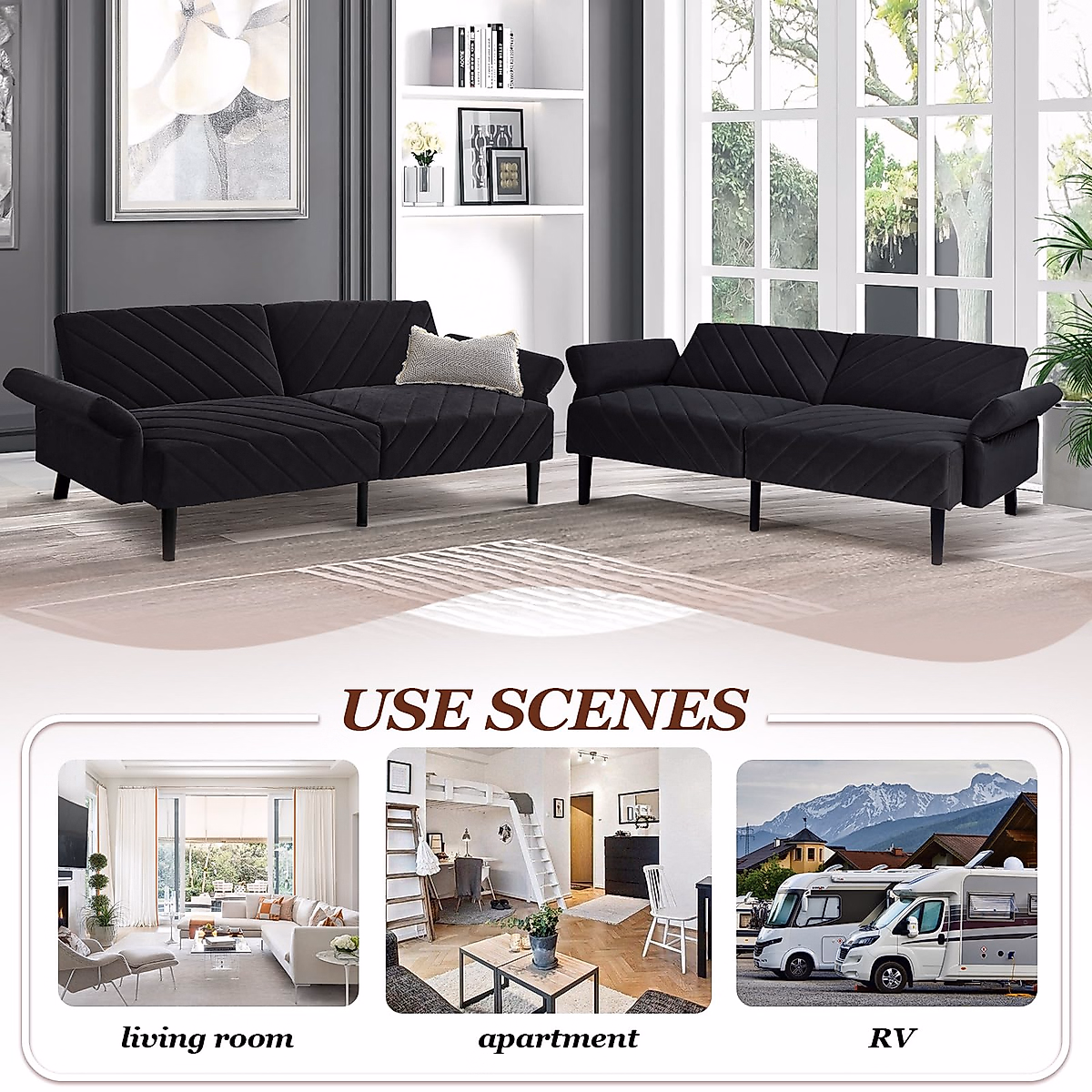 87 Inch Futon Sofa Bed, Modern Convertible Sleeper Futon Couch with Adjustable Armrests and Backrest, Velvet Oversized Loveseat Sofa Couch for Living Room, Apartment,Black