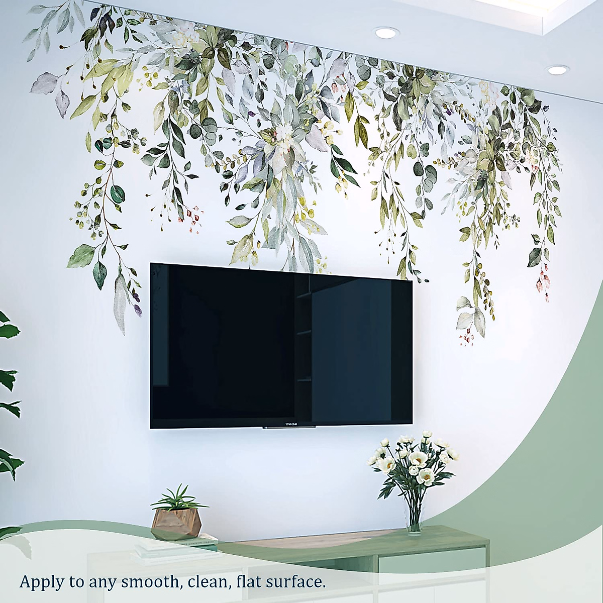 VePret Green Plants Leaves Wall Decals Peel and Stick, Large Floral Flowers Wall Stickers, Removable Vine Home Decor Art for Bedroom Living Room Classroom Office