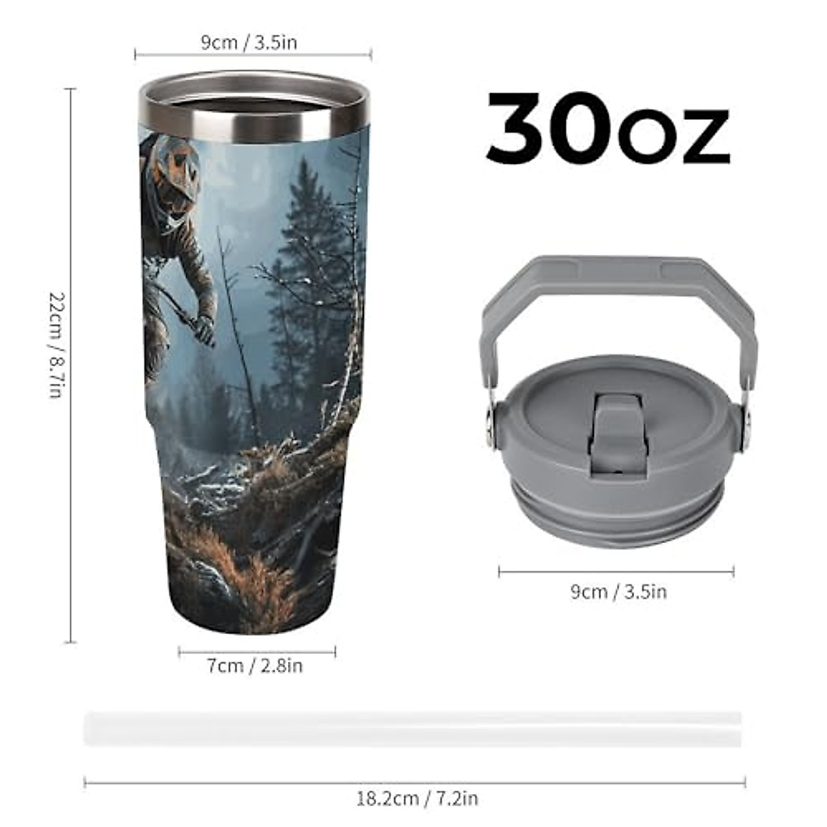 Mountain Bike Tournament 30oz Stainless Steel Insulated Tumbler with Straw & Foldable Handle - Leakproof, Double-Wall Vacuum Travel Thermos for Hot/Cold Drinks, Non-Slip Base, Fit Cup Holders