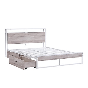 Metal Bed Frame Queen with Two Drawers Queen Size Storage Bed with Sockets, USB Ports and Slat Support for Living Room Bedroom,No Box Spring Needed/Easy Assembly (White)