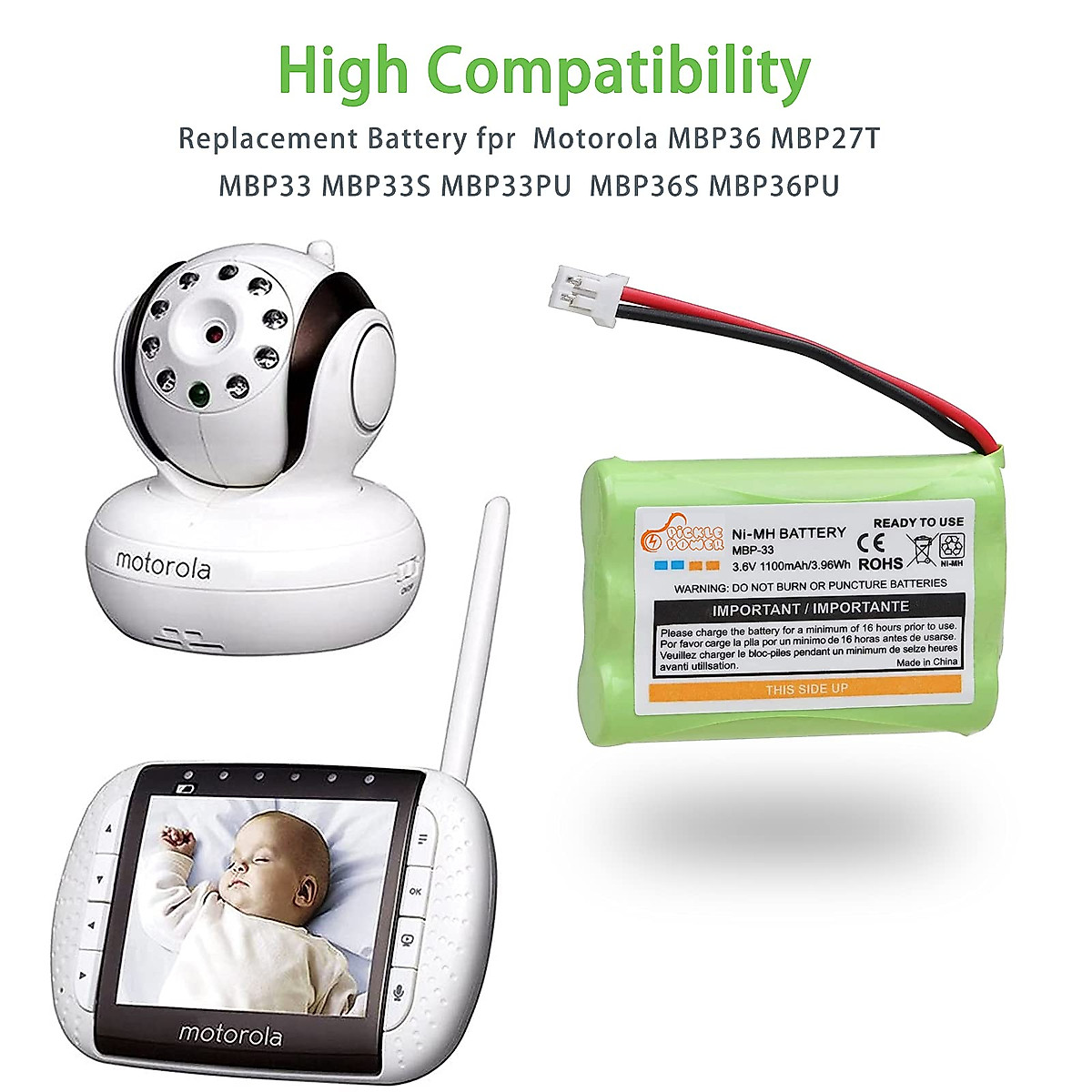 Pickle Power 1100mAh 2 Pack MBP33 Replacement Battery for Motorola Baby Monitor MBP27T MBP33 MBP33S MBP33PU MBP33BU MBP33P MBP36 MBP36S MBP36PU MBP35 MBP41 MBP43 MBP18 CB94-01A