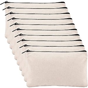 10 Pack Blank DIY Craft Bag Canvas Pen Pencil Case- Cotton Canvas for School Supplies Invoice Bill Bag Makeup Bag Cosmetic Bag Multipurpose Travel Toiletry Pouch with Black Zipper 7.9 x 4.7 inches