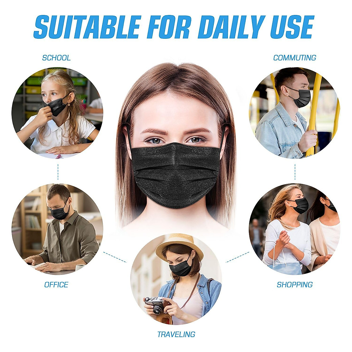 50 PCS Black Disposable Face Masks 3-Ply Filter Earloop Mouth Cover, Face Mask