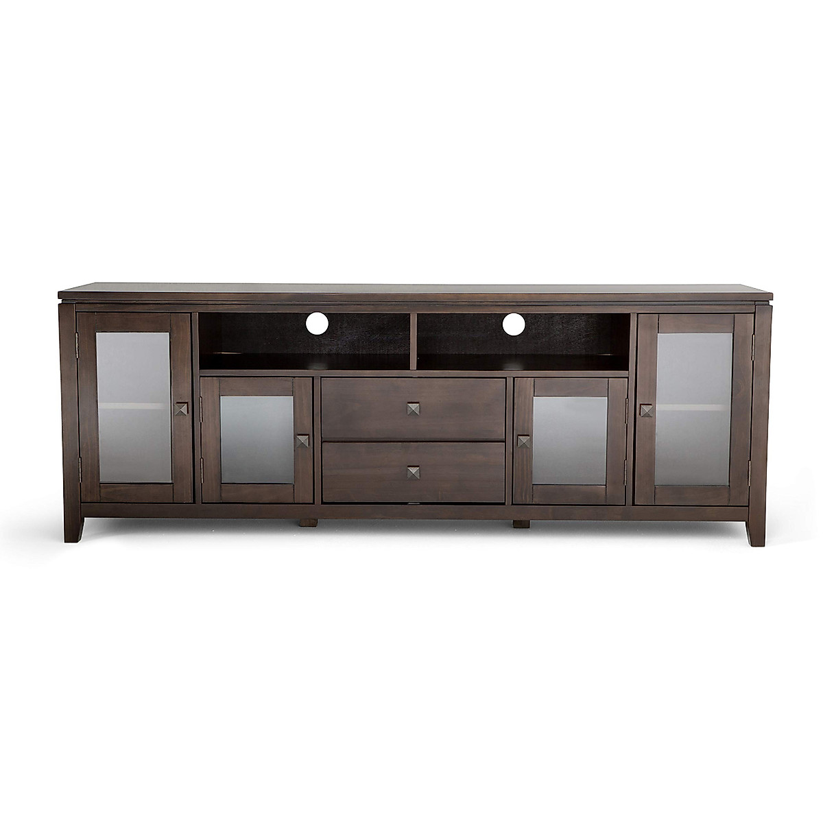 SIMPLIHOME Cosmopolitan SOLID WOOD Universal TV Media Stand, 72 inch Wide, Contemporary, Living Room Entertainment Center with Storage, for Flat Screen TVs up to 80 inches in Mahogany Brown