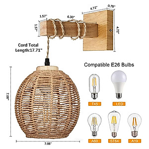 TIGKHAE 2Pcs Bamboo Lantern Wall Sconces Wicker Lamp Cord Hand Woven Rattan Wall Light Lamp Farmhouse Rustic Boho Sconces Wall Lighting for Living Room Bedroom E26