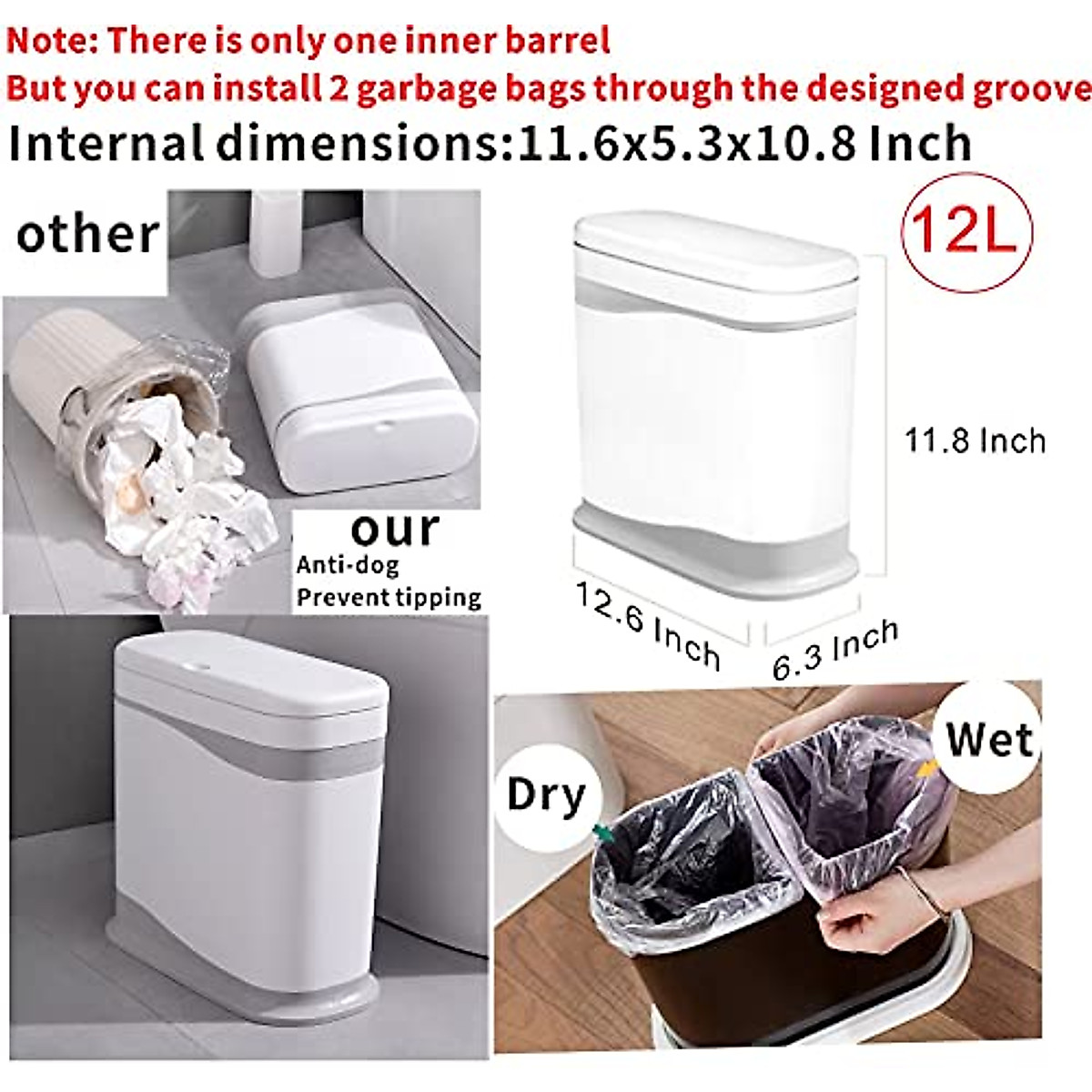 Cq acrylic 12 Liter Slim Plastic Trash Can,3.3 Gallon Dog Proof Bathroom Trash Can with Press Top Lid,for Bathroom,Living Room,Office and Kitchen