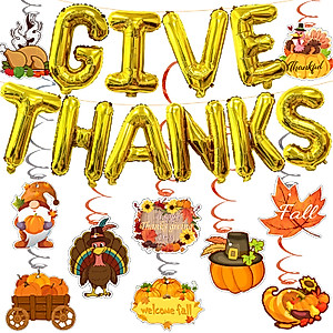 Give Thanks Banner, Thanksgiving Foil Balloons | Gold 16 Inches 3D Mylar Letter Balloons Hanging Fall Decorations Fhoto Backdrop for Thanksgiving Party - Fall Harvest Decor for Home Office Indoor