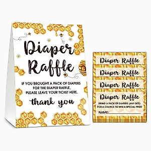 Gihyan Diaper Raffle Baby Shower Game Set(1 Standing Sign + 50 Guessing Cards), Bumble Bee Diaper Raffle Tickets for Baby Shower, Honey Honeycomb Baby Shower Party Favor Decor - B07