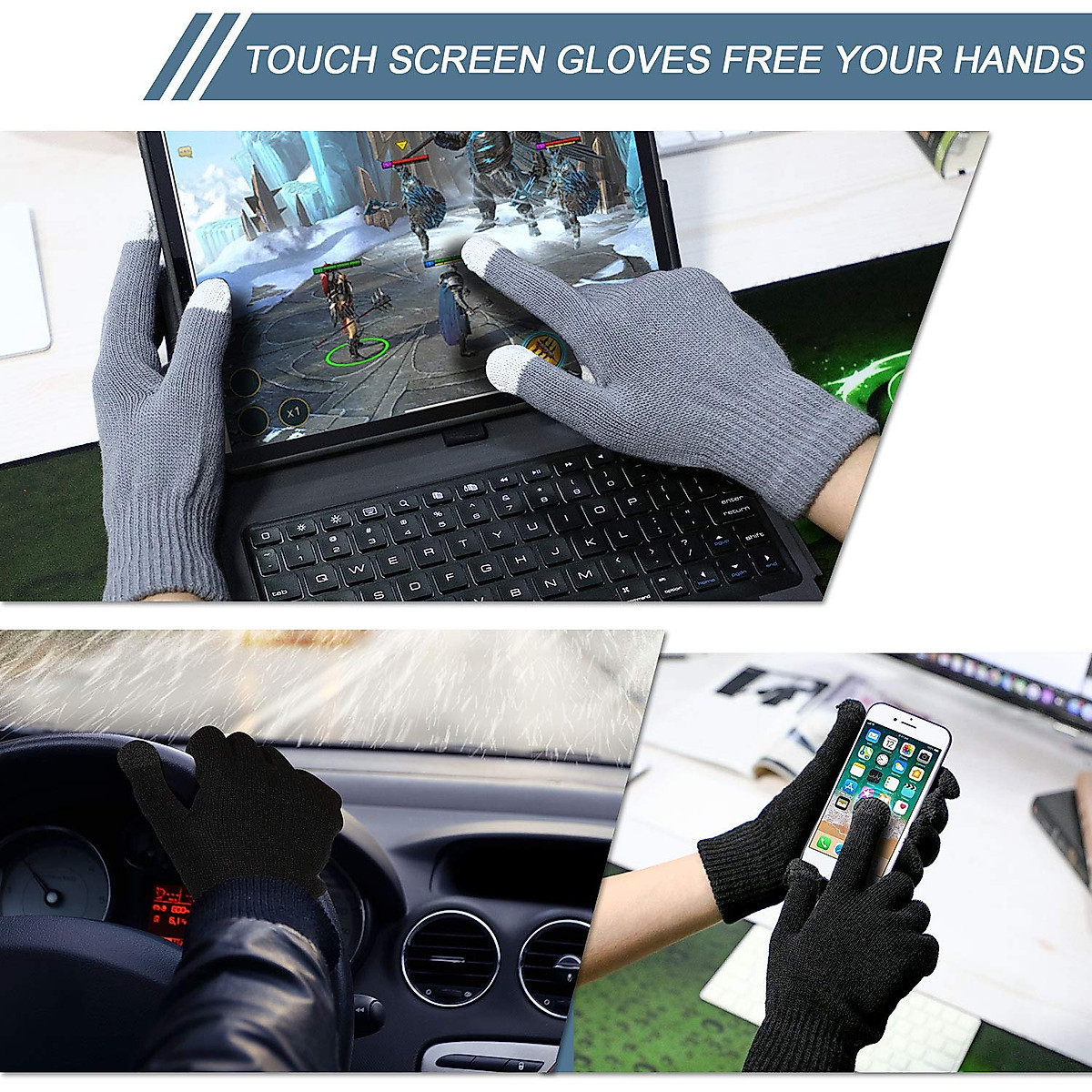 4 Piece Set Winter Beanie Hat and Glove Set with Fleece Lining, Winter Hat and Gloves Set, Unisex Cap and Glove Set for Men Women Black, Gray