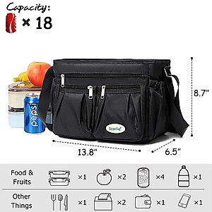 Scorlia Insulated Lunch Bag for Women/Men, Large Leakproof Cooler Box, Reusable Lunch Organizer with Side Pockets, Durable One Shoulder Crossbody Lunch Bag for Work, Picnic, Beach, Black