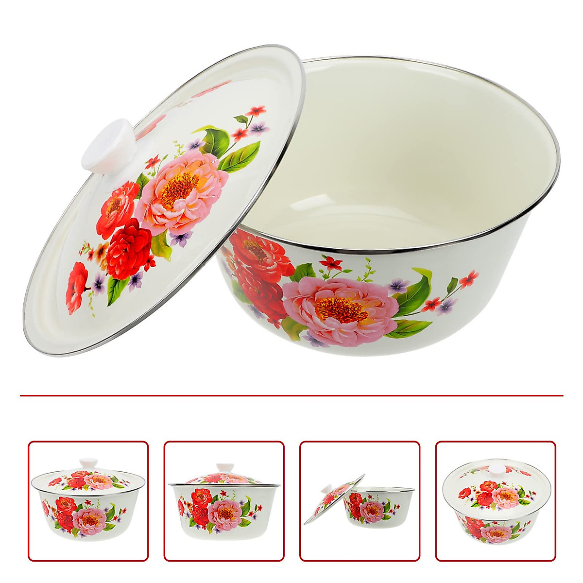 DOITOOL Vintage Enamel Basin Large Retro Enamel Bowl Flower Printed Cooking Pot Tureen Pot with Lid Kitchen Accessories