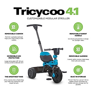 Joovy Tricycoo 4.1 Kids Tricycle with 4-Stages Featuring Extra-Wide Front Tire, Removable and Adjustable Parent Handle, Safety Harness, Machine-Washable Seat Pad, and Retractable Canopy (Blue)